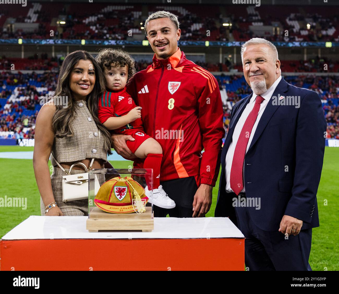 CARDIFF, WALES - 06 SEPTEMBER 2024: Wales' Ethan Ampadu receives his ...