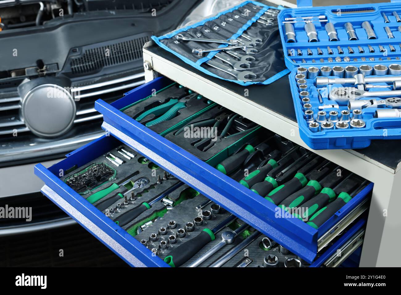 Set of different auto mechanic's tools at automobile repair shop Stock ...