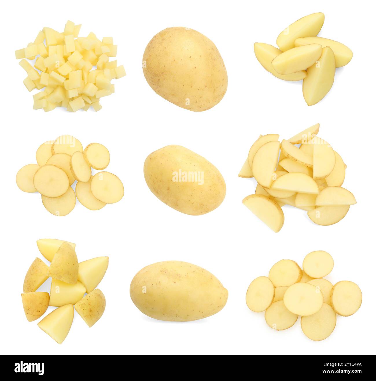 Fresh potatoes isolated on white, set. Different types of cuts and ...