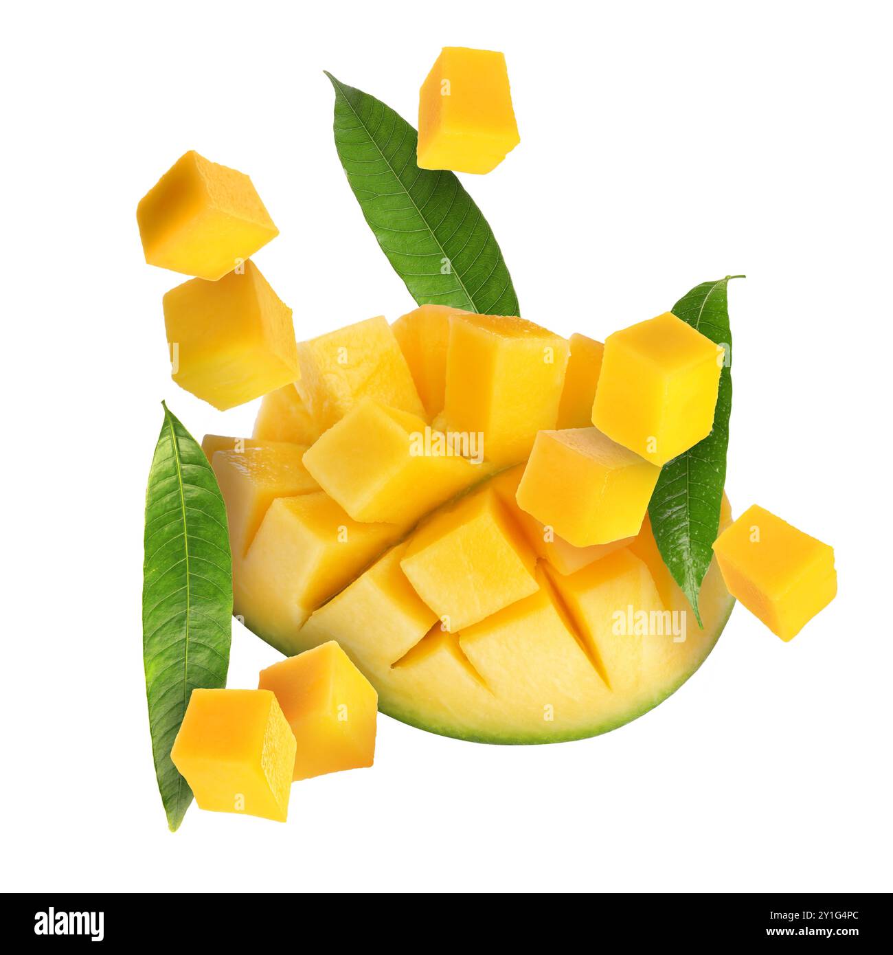 Sweet fresh mango cut in cubes flying on white background Stock Photo ...