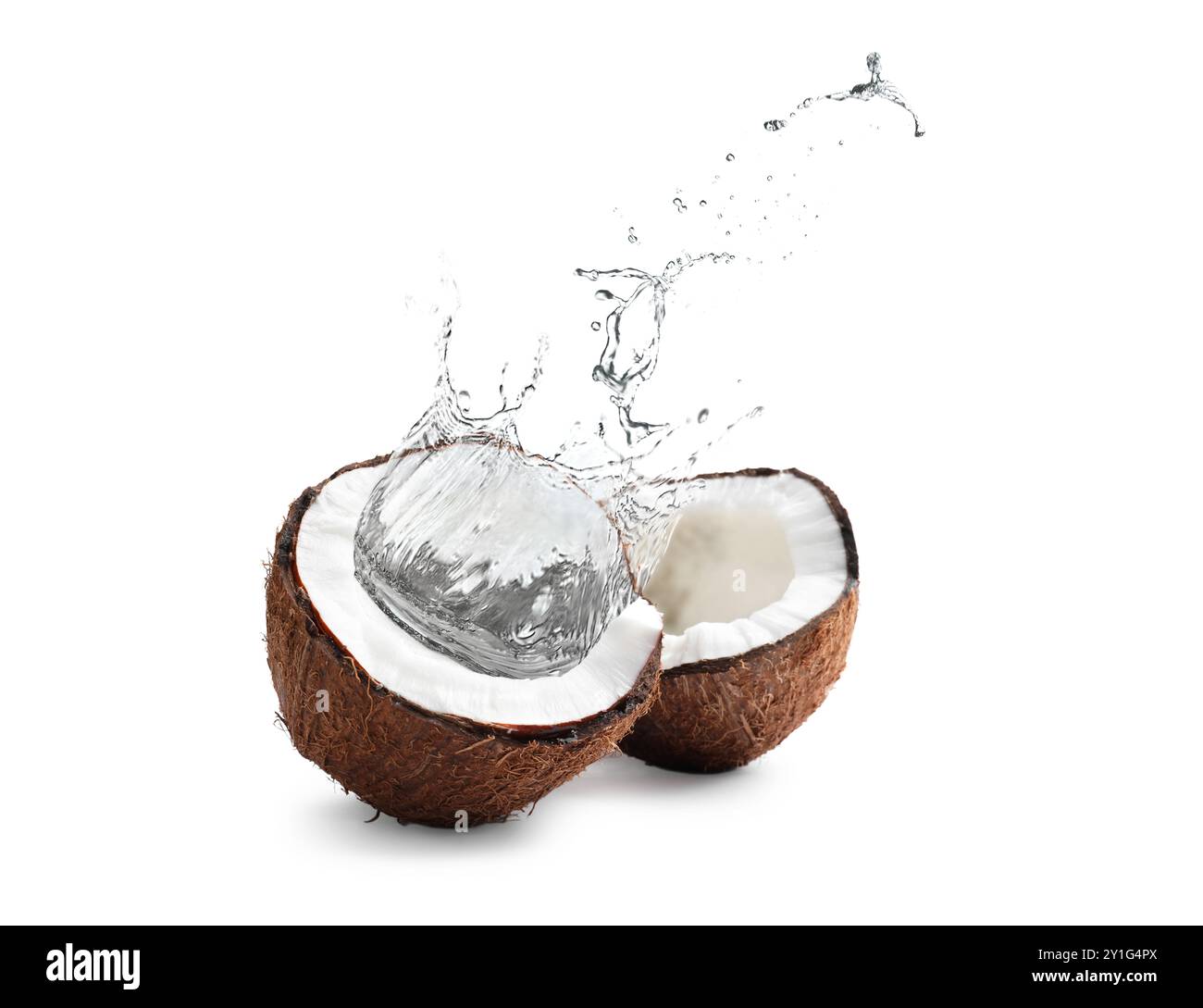 Fresh coconut water splashing in nut on white background Stock Photo ...