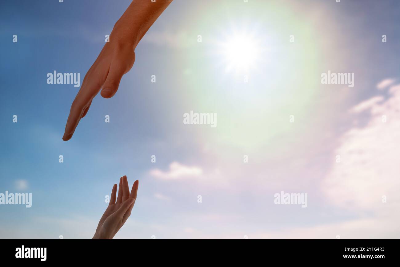 God's help and support. Human reaching for hand from heaven Stock Photo ...