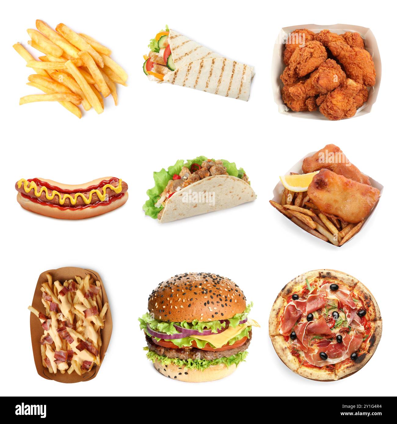Different tasty fast food isolated on white, collection Stock Photo - Alamy