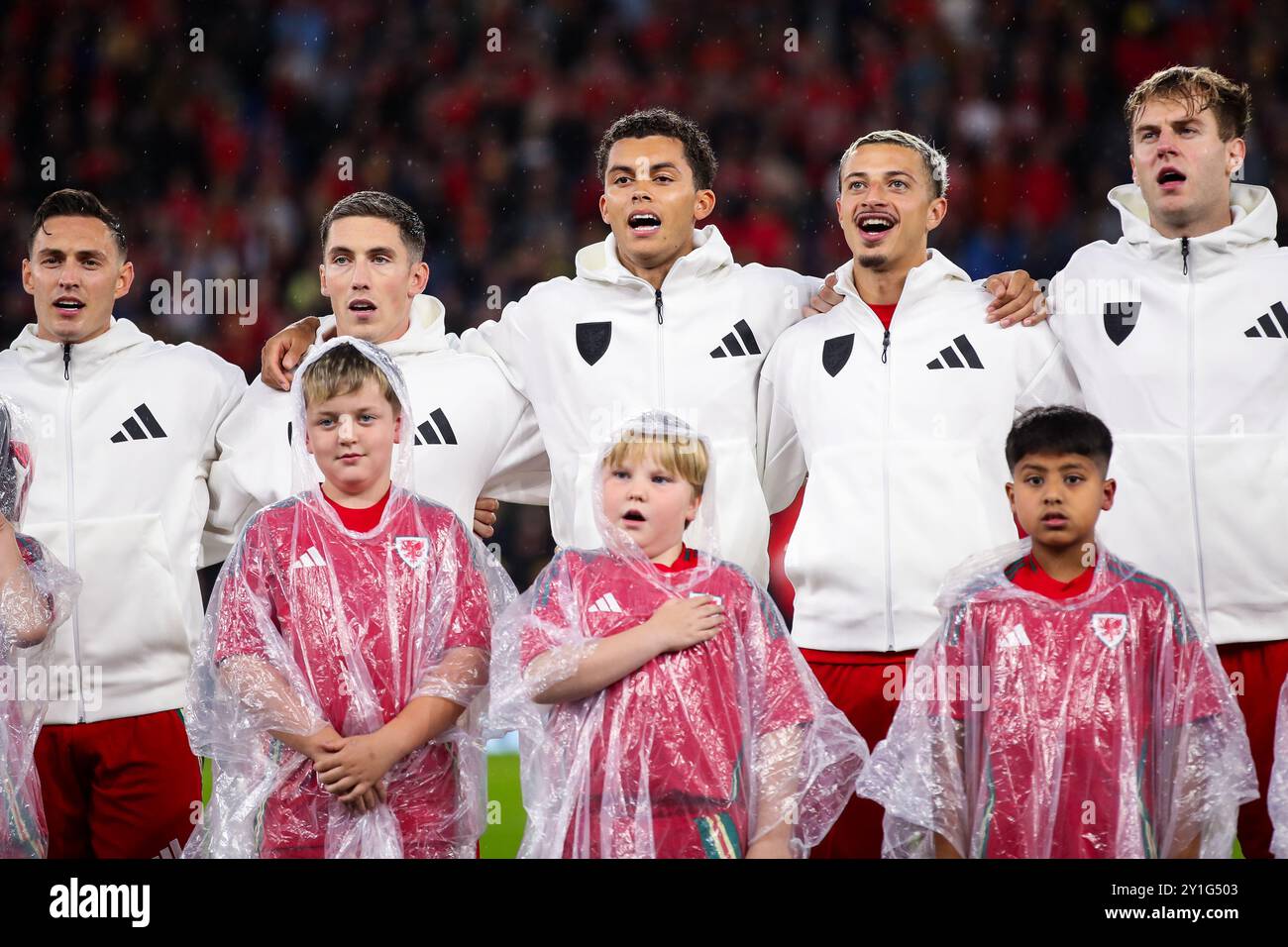 CARDIFF, UK. 06th Sep, 2024. Wales' Joe Rodon, Wales' Ethan Ampadu ...