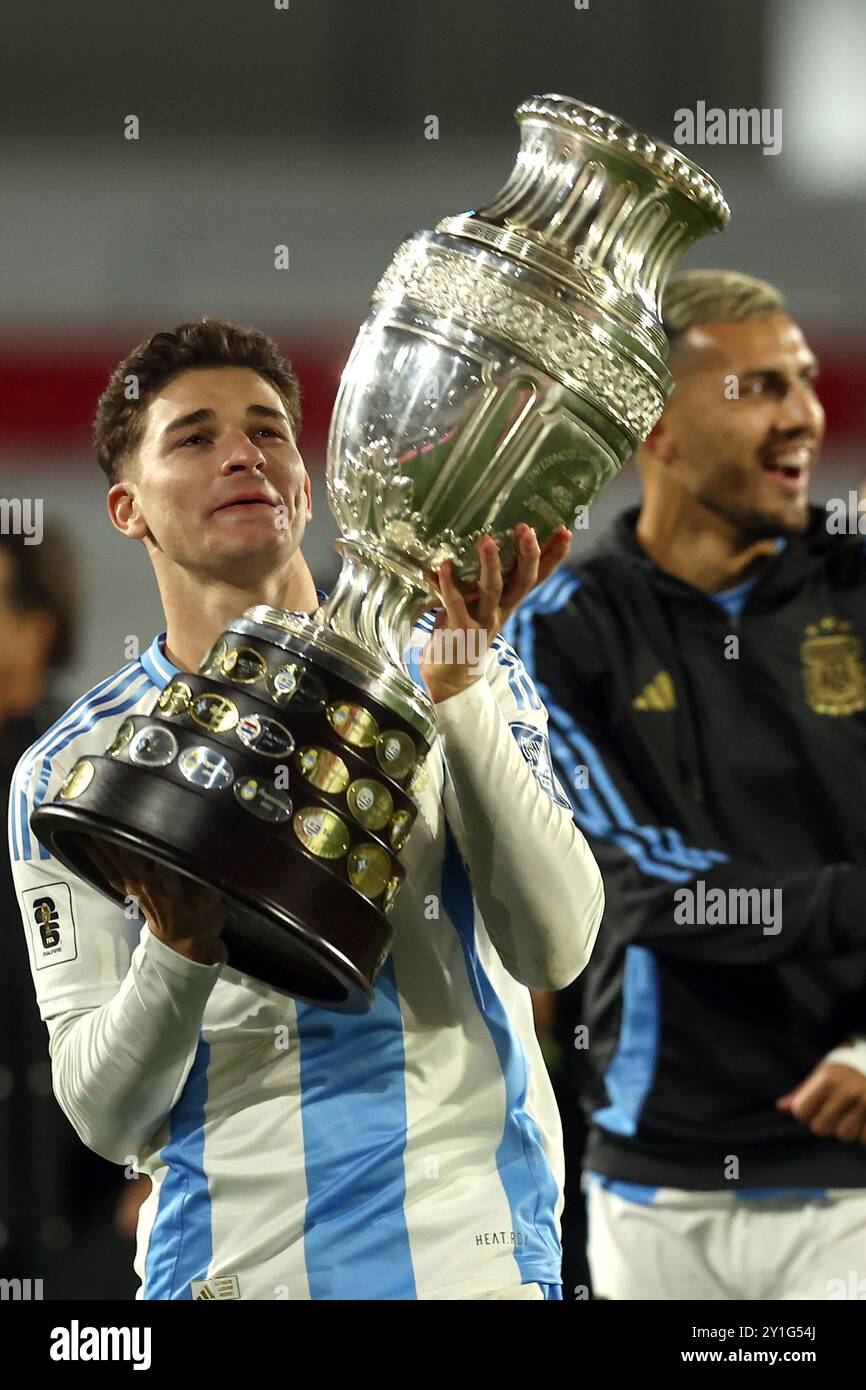 Argentina’s forward Julian Alvarez celebrates with the Copa America ...