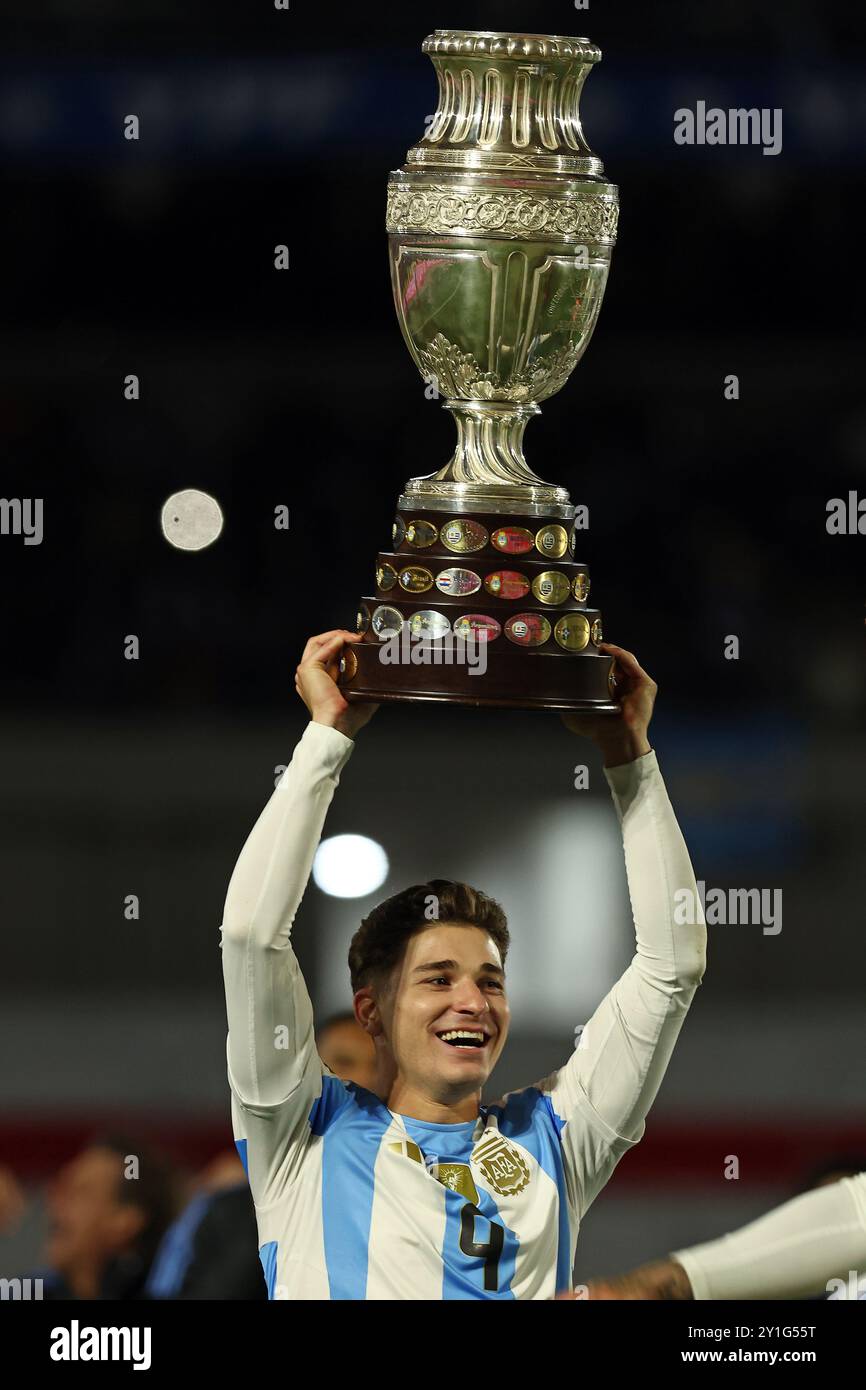 Argentina’s forward Julian Alvarez celebrates with the Copa America ...