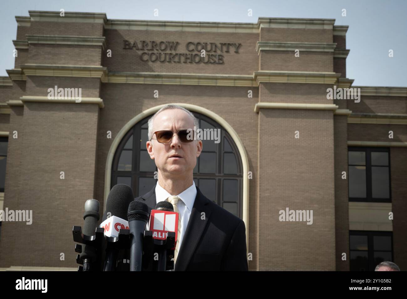 Winder, Georgia, USA. 6th Sep, 2024. Barrow County District Attorney Brad Smith speaks with ...