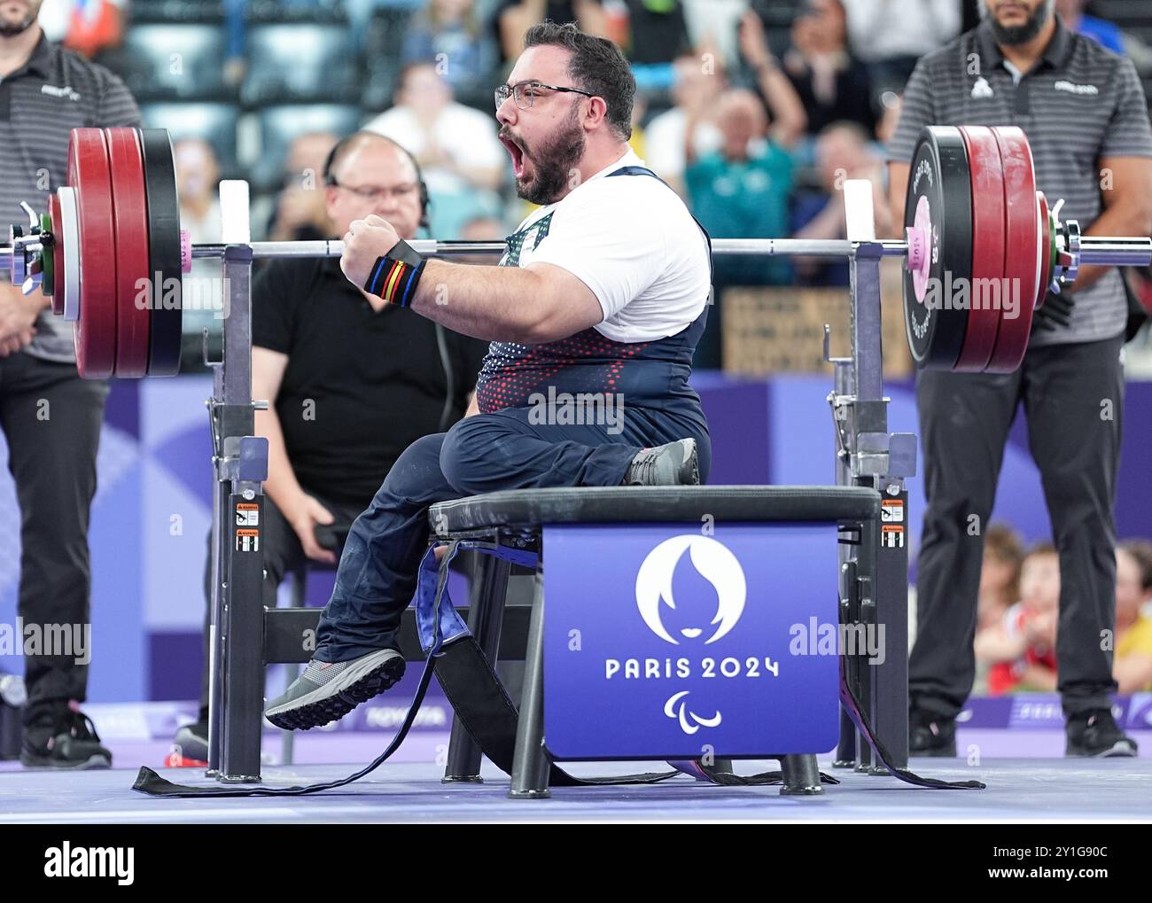 Paris, France. 6th Sep, 2024. Roohallah Rostami of Iran celebrates ...