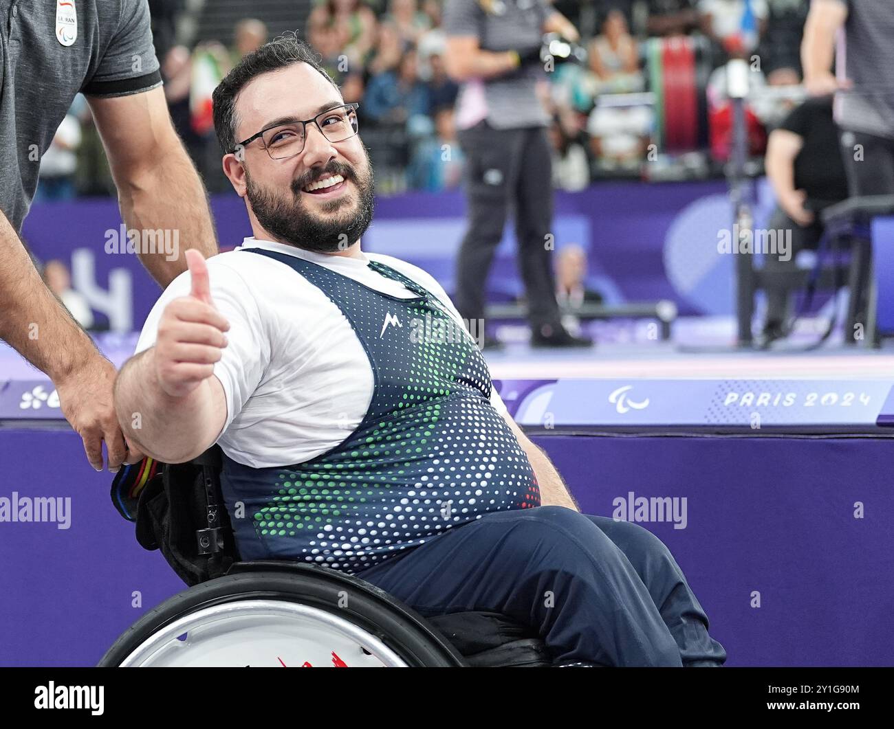 Paris, France. 6th Sep, 2024. Roohallah Rostami of Iran celebrates ...