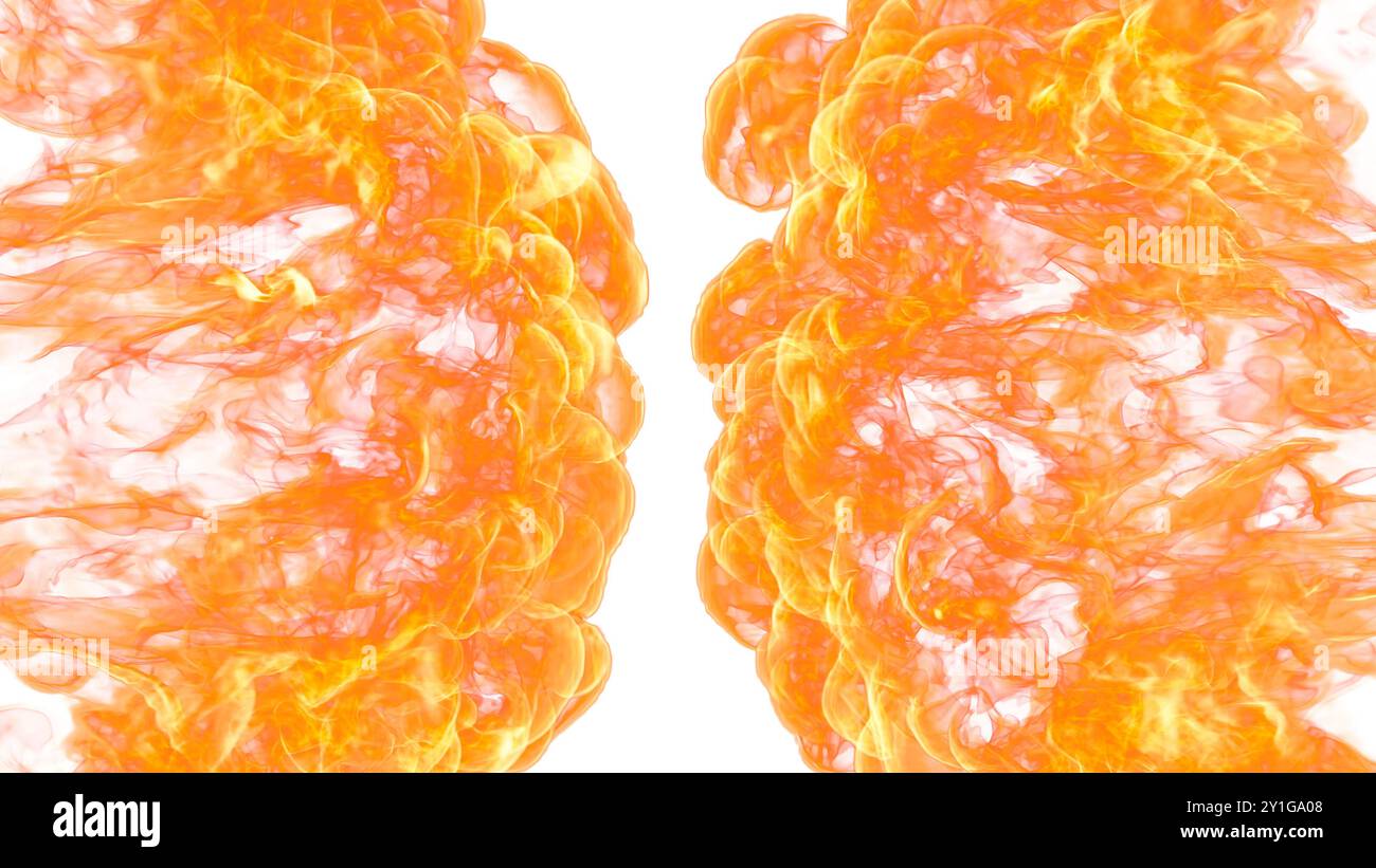3d illustration. Tongues of flame collide from opposite sides on a ...