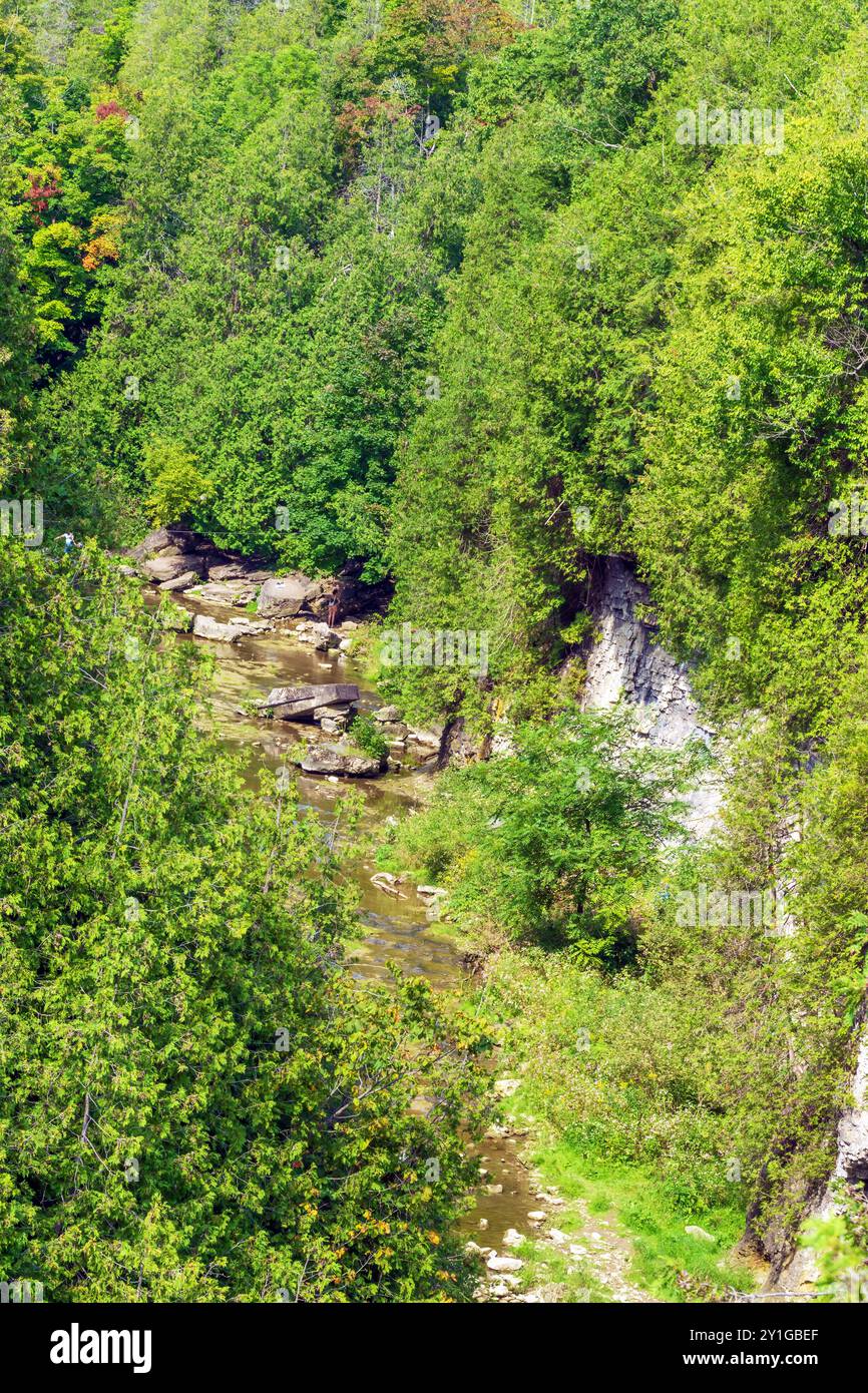 The Grand River flows past the limestone cliffs of the Elora Gorge in ...