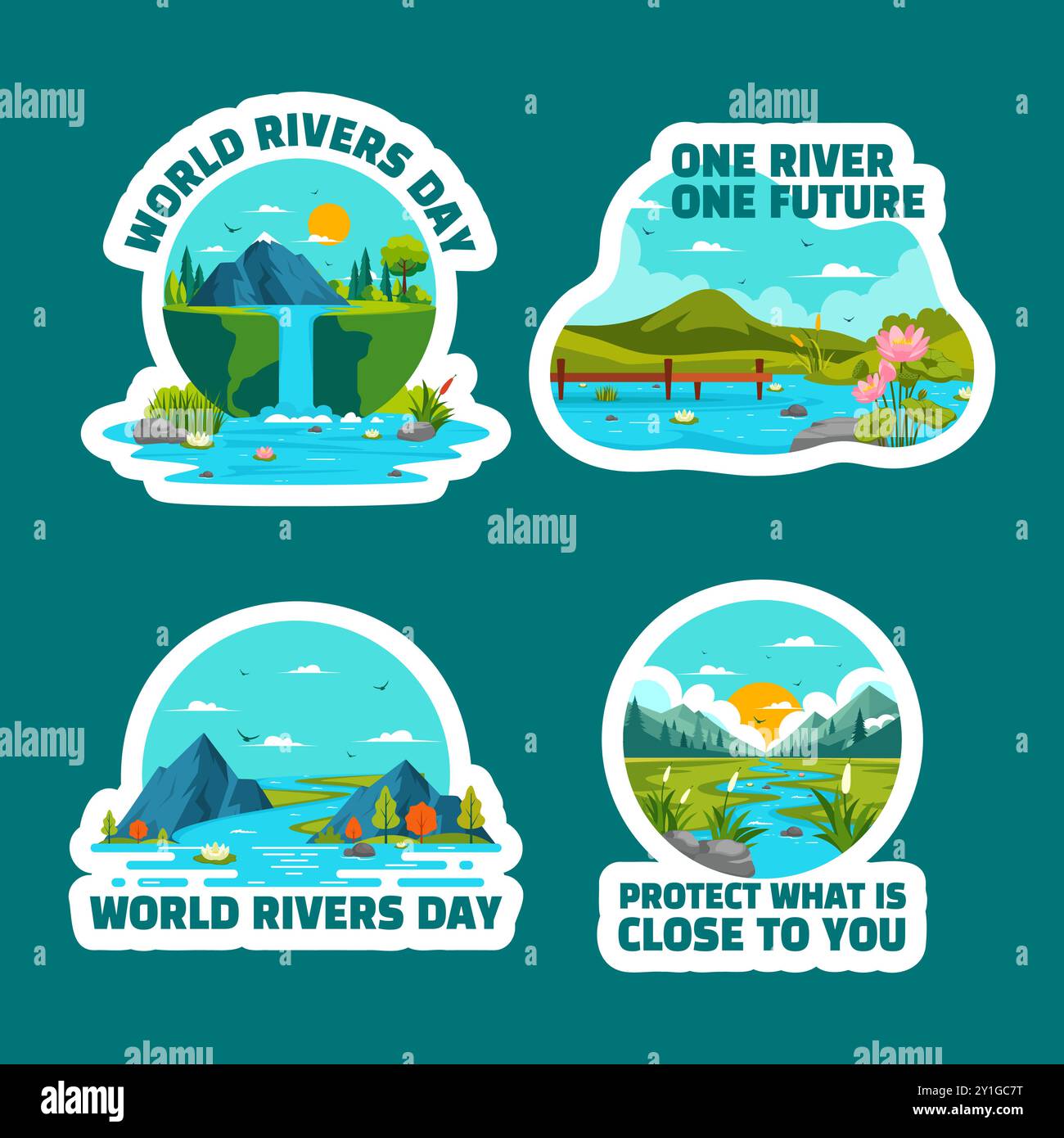 River Day Label Flat Cartoon Hand Drawn Templates Background ...