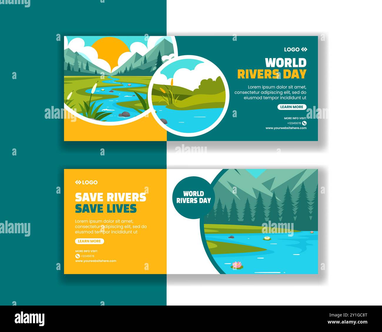 River Day Horizontal Banner Flat Cartoon Hand Drawn Templates ...