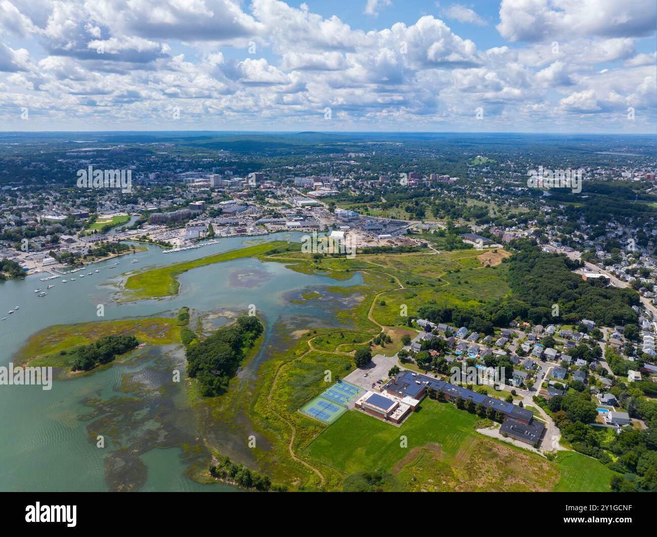 Broad Meadows Marsh and Town River Bay aerial view with Quincy historic ...