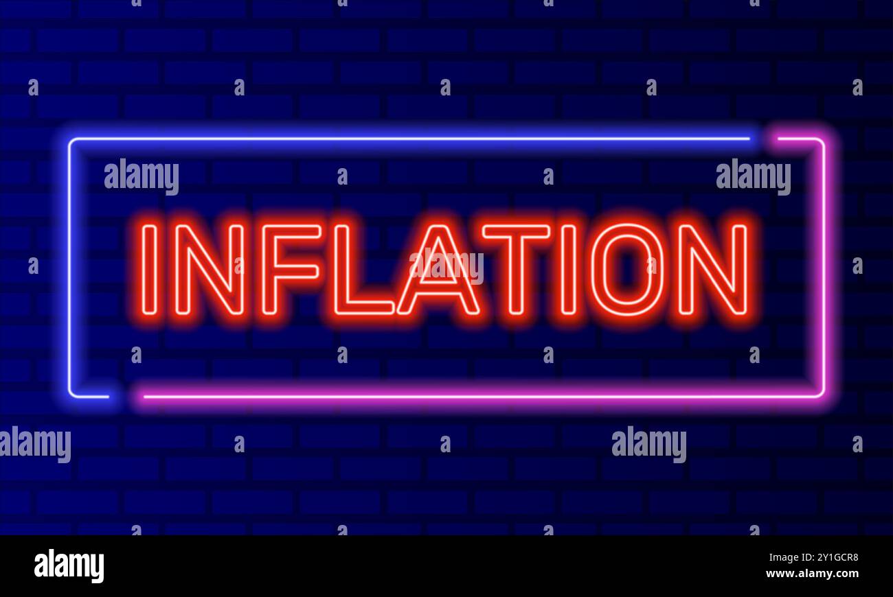 Neon sign inflation in speech bubble frame on brick wall background ...