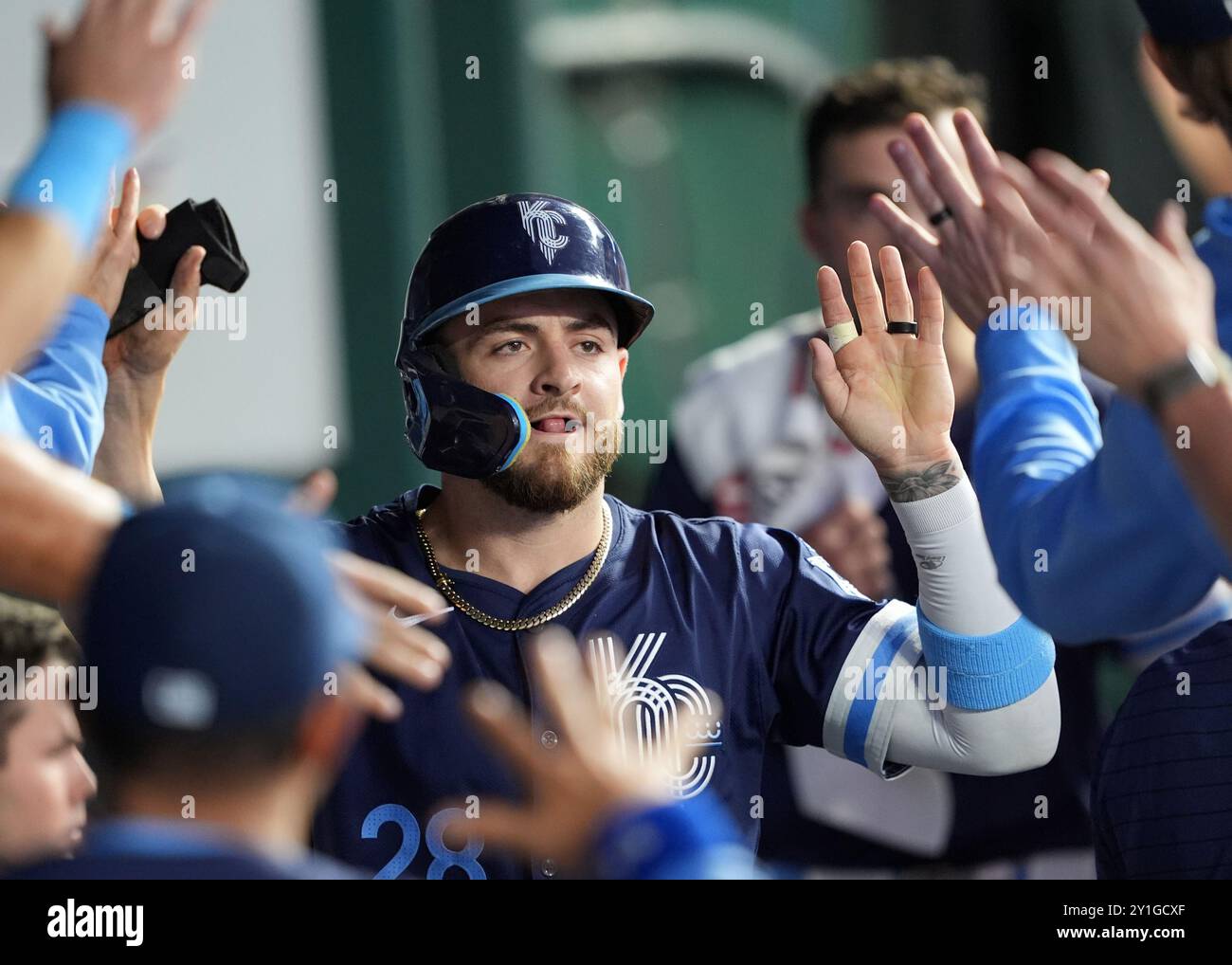 SEP 6, 2024: Kansas City Royals outfielder Kyle Isbel (28) celebrates ...