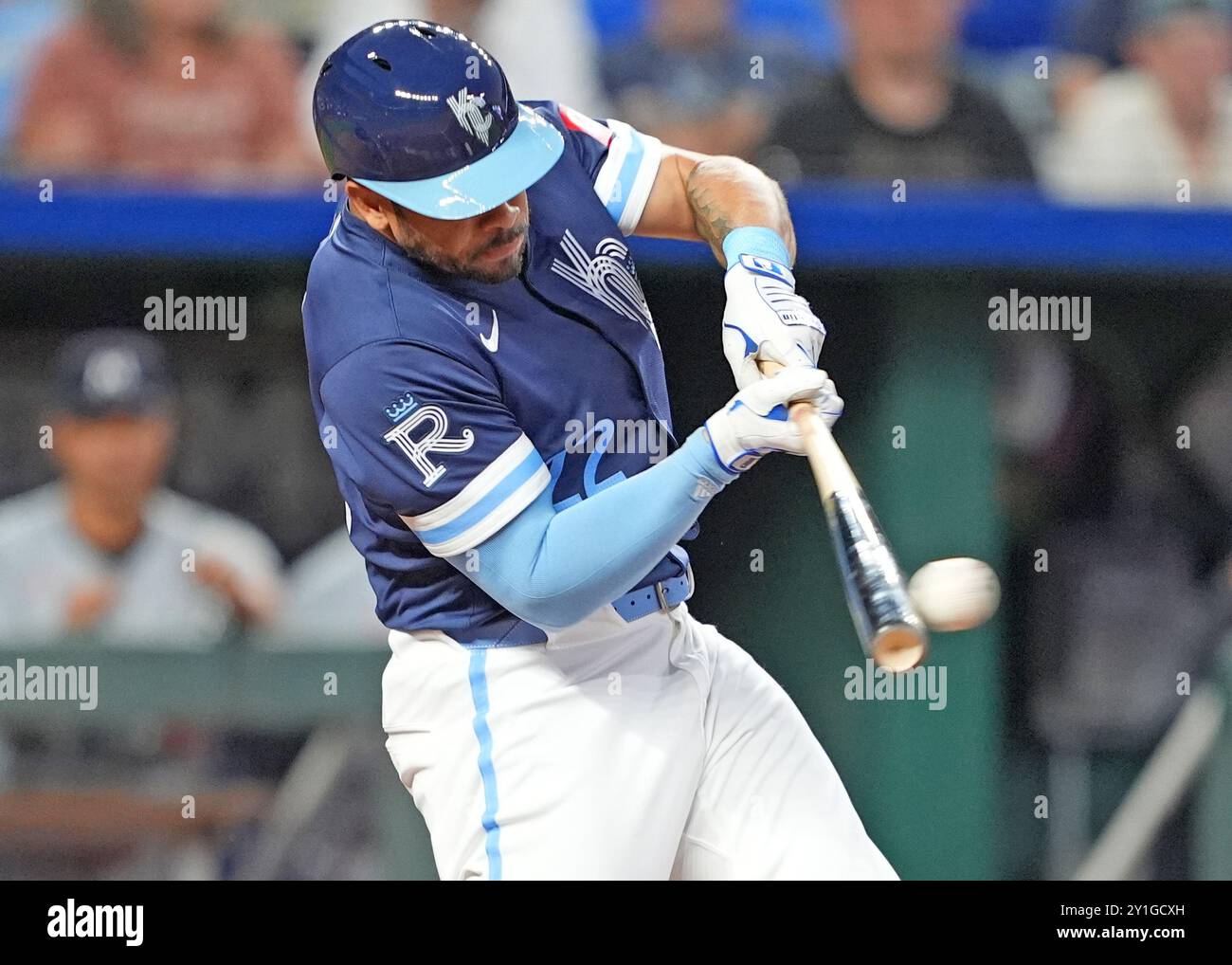 SEP 6, 2024: Royals left fielder Tommy Pham drives a pitch at Kauffman Stadium Kansas City ...