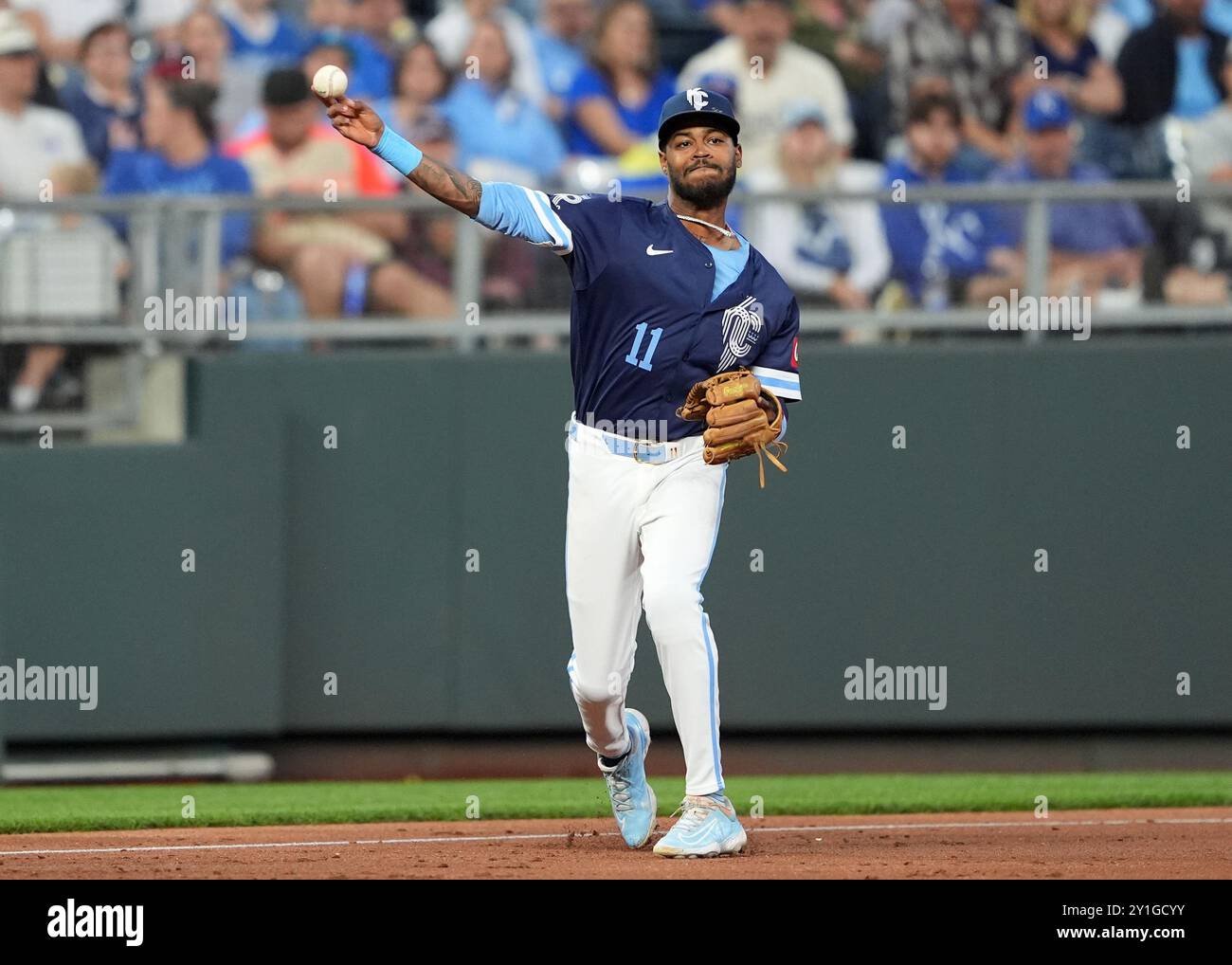 SEP 6, 2024: Kansas City Royals third base Maikel Garcia (11) fires the ...