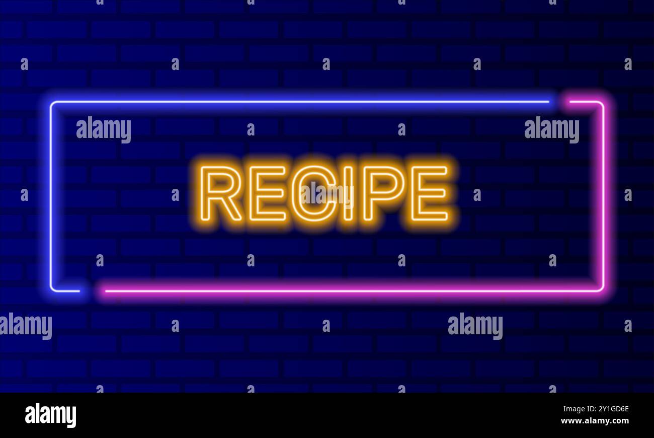 Neon sign recipe in speech bubble frame on brick wall background vector ...