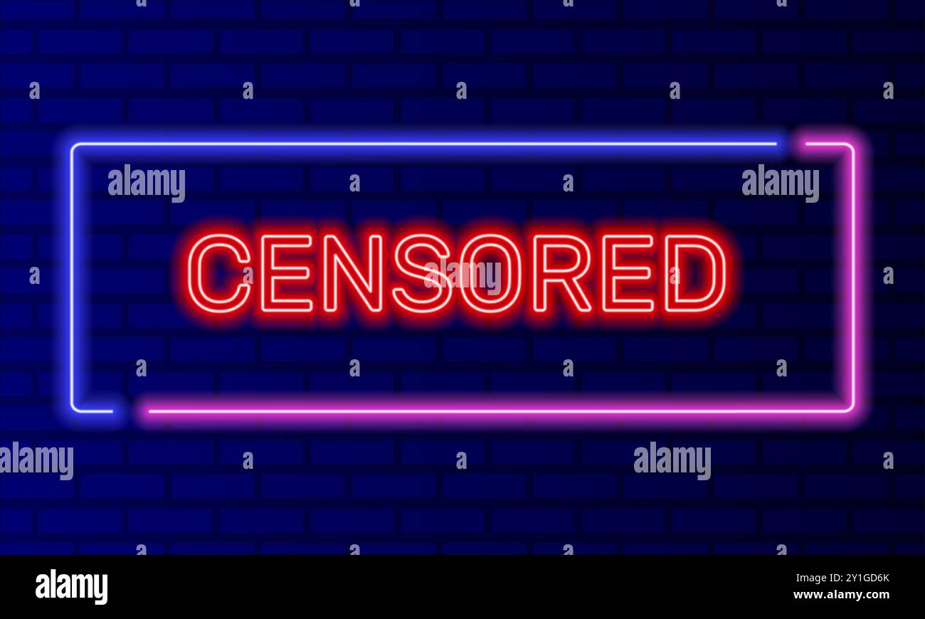 Neon sign censored in speech bubble frame on brick wall background ...