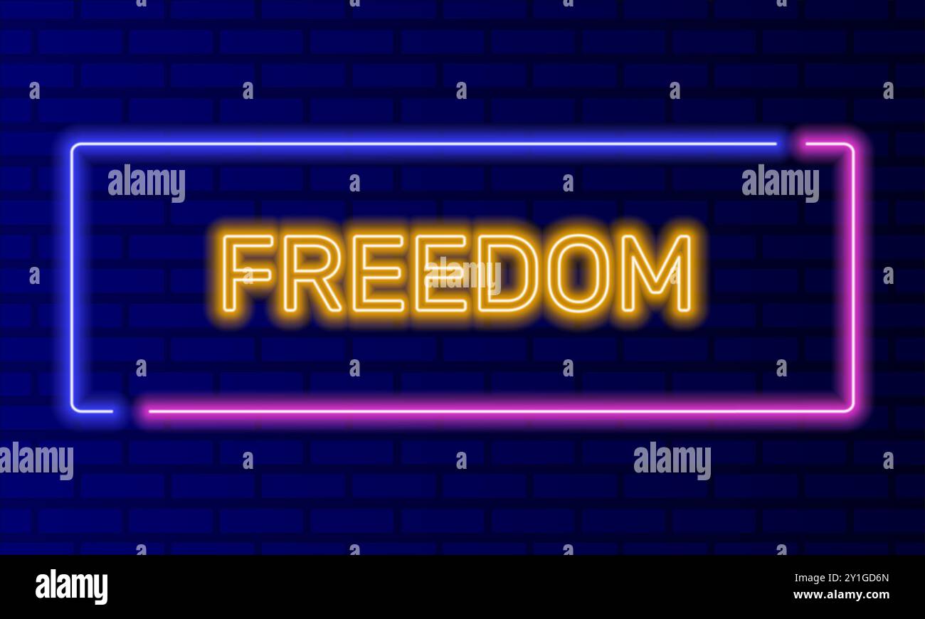 Neon sign freedom in speech bubble frame on brick wall background ...