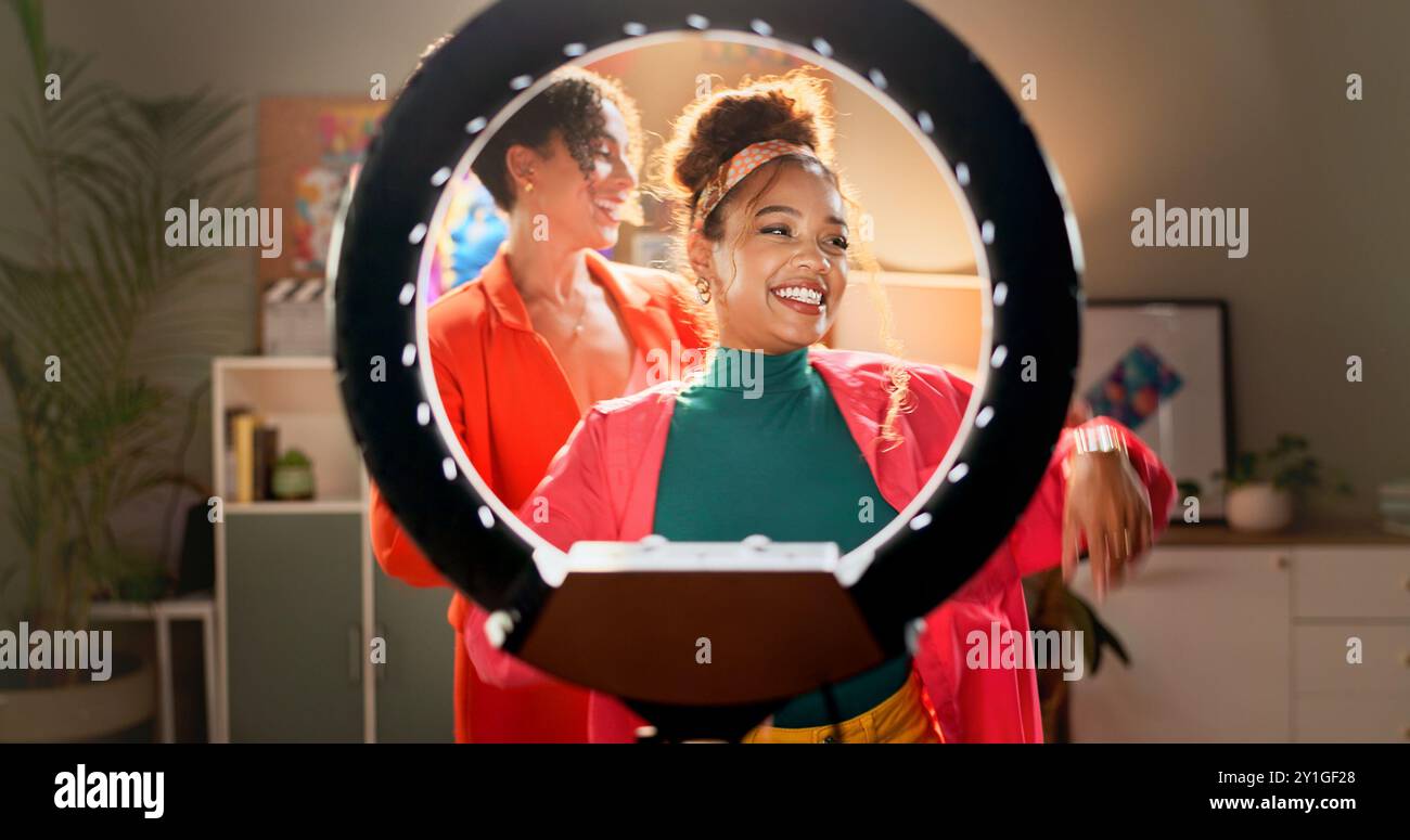 Happy women, influencer and dancing with ring light for vlogging ...
