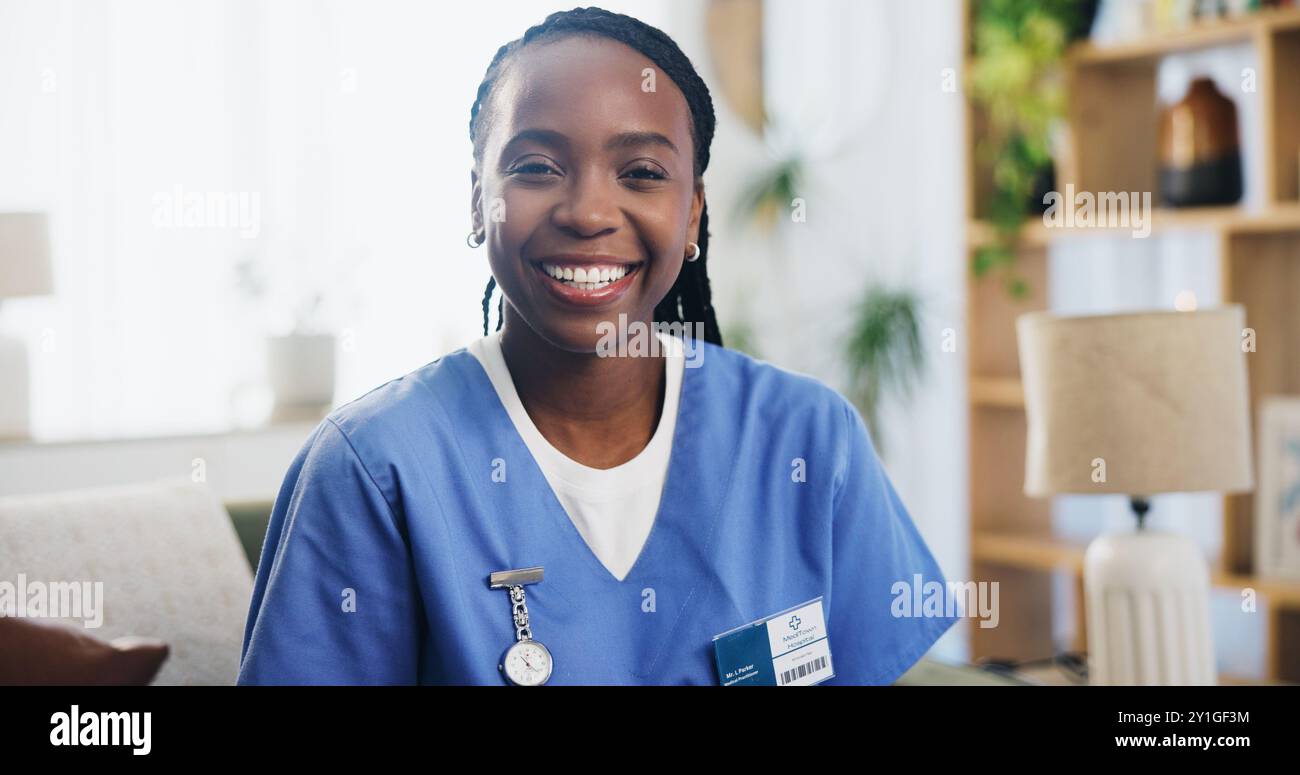 Portrait, black woman and smile as caregiver at house for healthcare service, career pride and ...