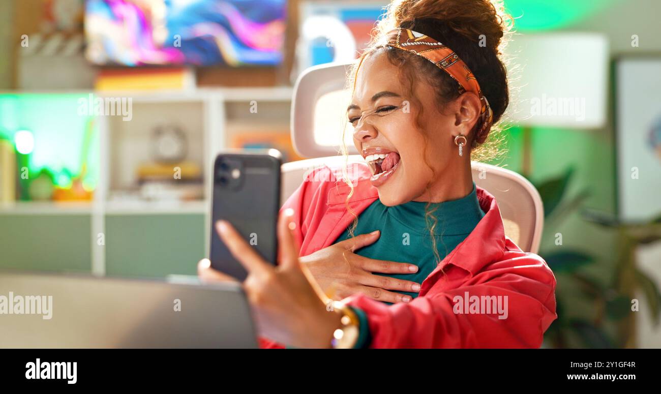 Home, influencer and girl in fun selfie with smile, technology and ...