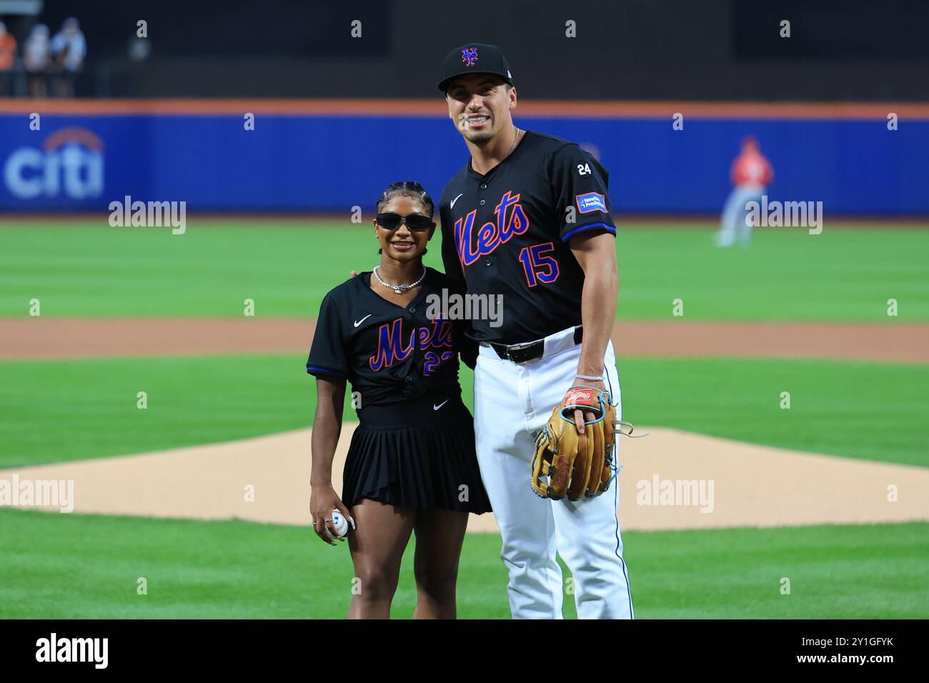 USA Olympic gymnast Jordan Chiles poses for a photo with the Mets ...