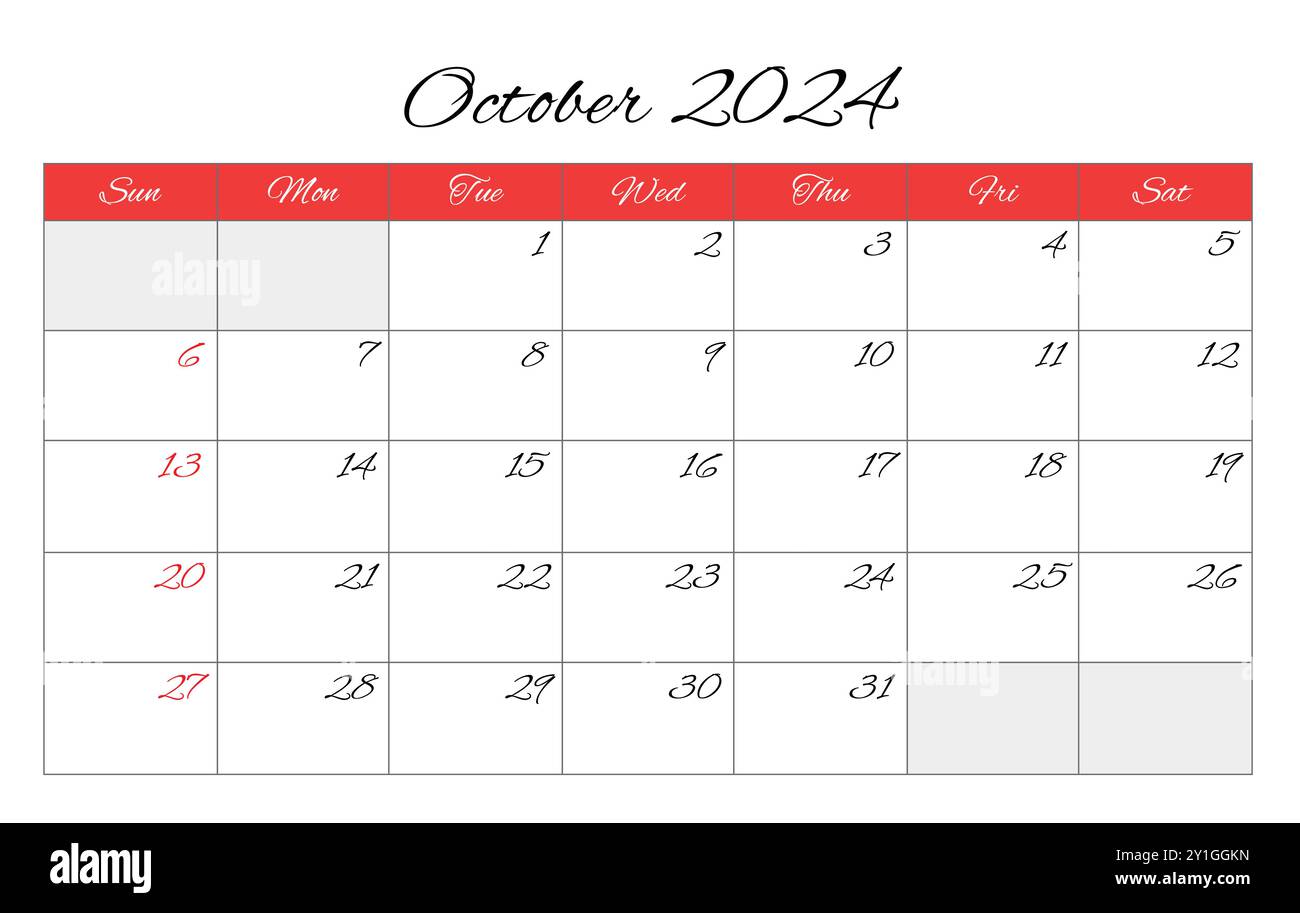 October 2024 ENGLISH month calendar. Vector printable illustration ...