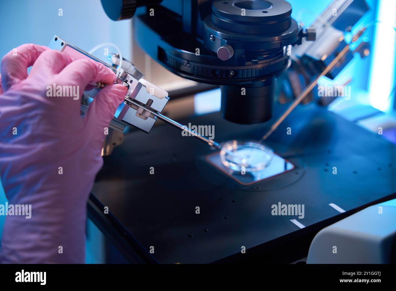 Microscope setup with micromanipulator performing detailed lab work ...