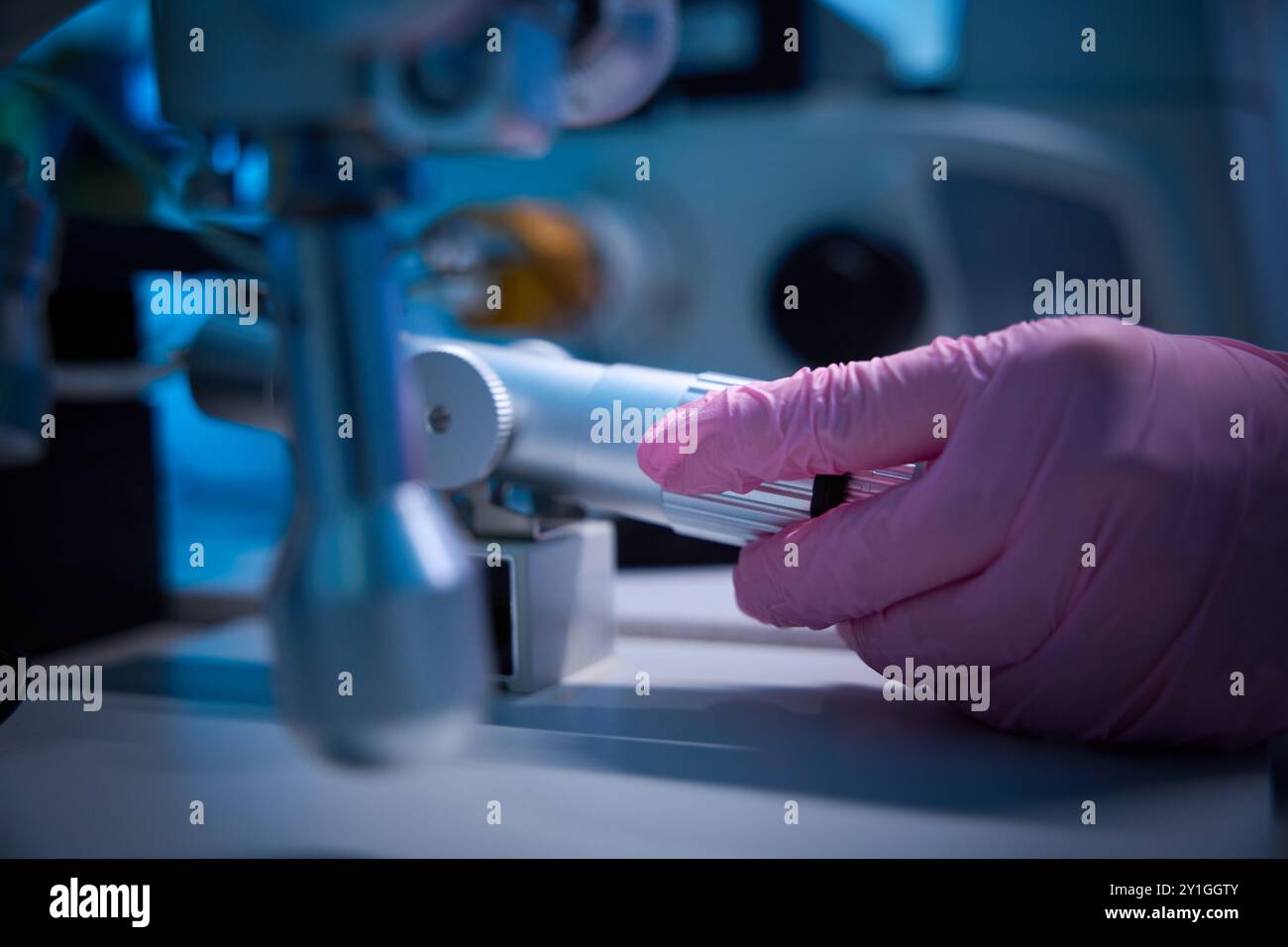 Gloved hand holding pipette near petri dish under microscope lens Stock ...