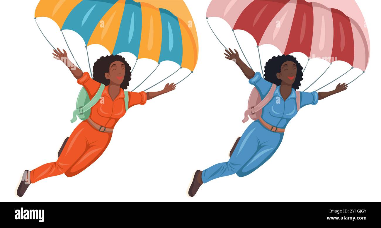 Vector set of clipart happy African women jumping with parachute ...