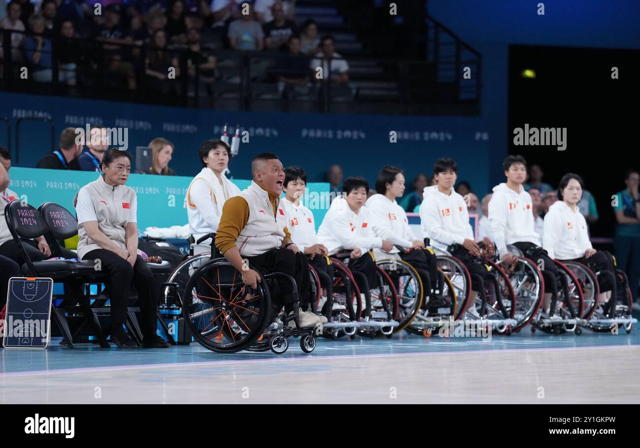 Paris, France. 6th Sep, 2024. China's coach Chen Qi instructs during ...