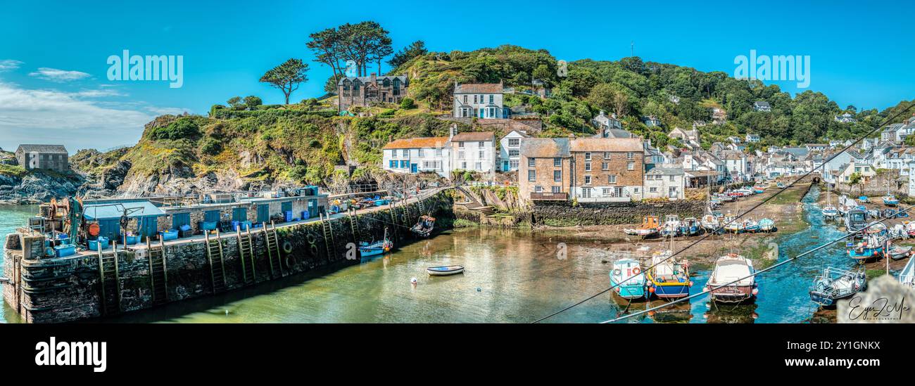 Wide angle photograph overlooking the harbour of Polperro Cornwall in ...