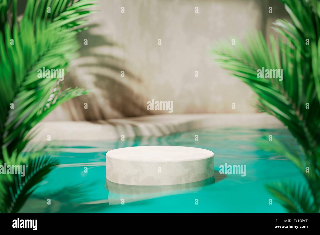 Tropical summer background with concrete podium in pool water and palm ...