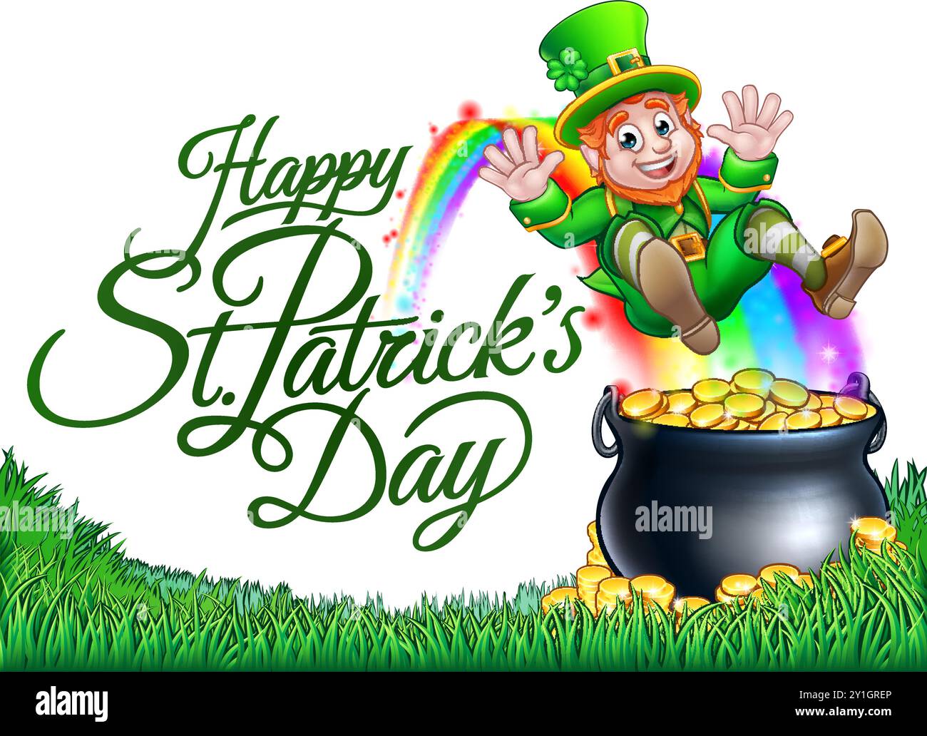 St Patricks Day Leprechaun and Rainbow Pot of Gold Stock Vector Image ...