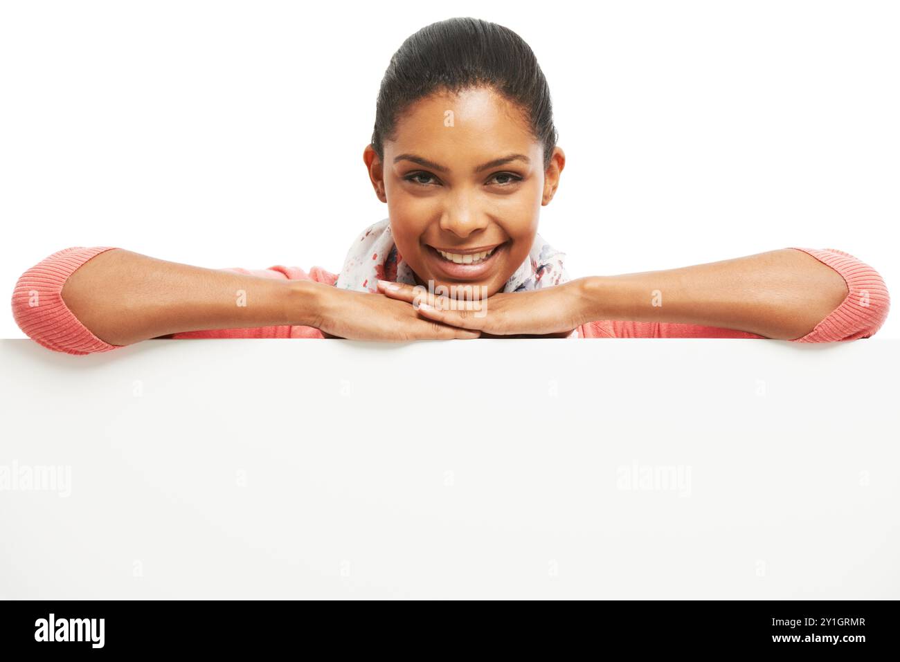 Studio, happy woman and portrait with poster for promotion, advertising ...