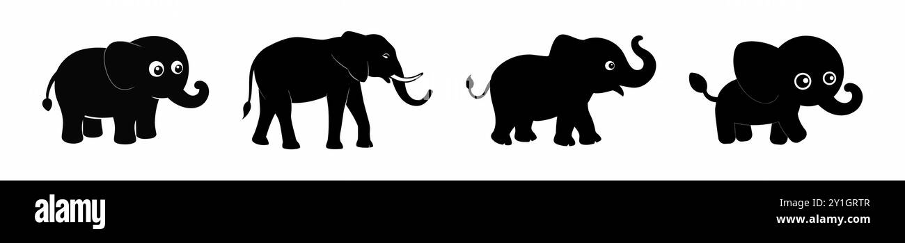 Black Silhouettes of Elephants Isolated on a White Background. Concept ...