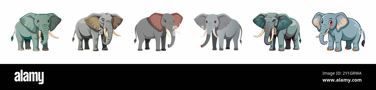 Set of cartoon elephants isolated on a white background. Concept of ...