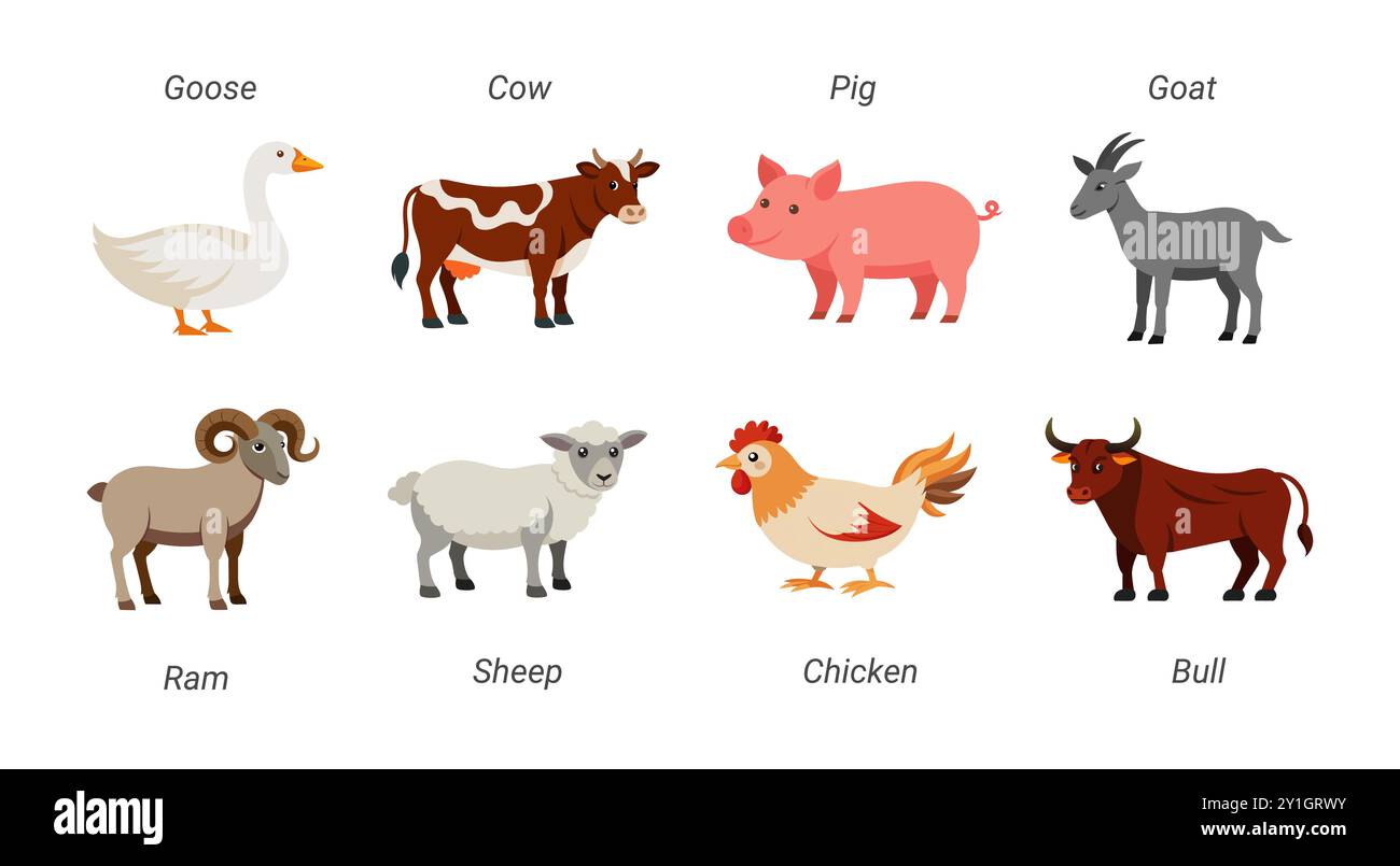 Cute farm animals collection featuring goose, cow, pig, goat, ram ...