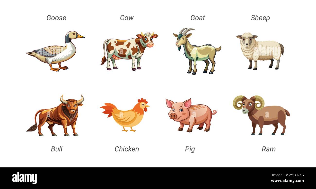 Set of farm animals including goose, cow, goat, sheep, bull, chicken ...