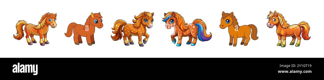 Cute Cartoon Ponies with Colorful Manes and Tails Isolated on White ...