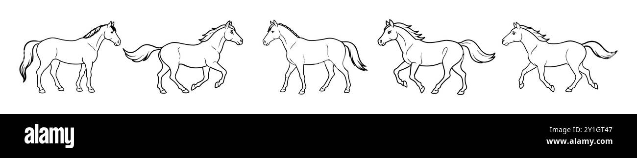 Black and white outline illustrations of five walking horses isolated ...