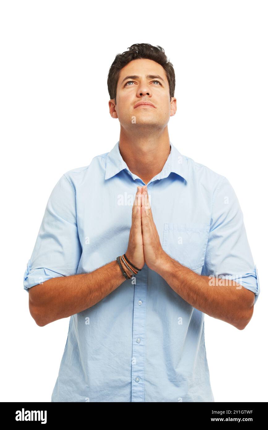 Praying, thinking and business man in studio with hope for employment ...