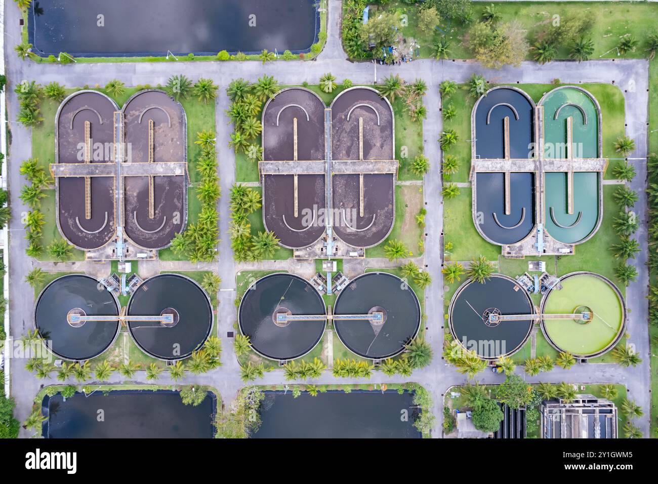 Top down drone shot of the sewage treatment plant.The Solid contact ...