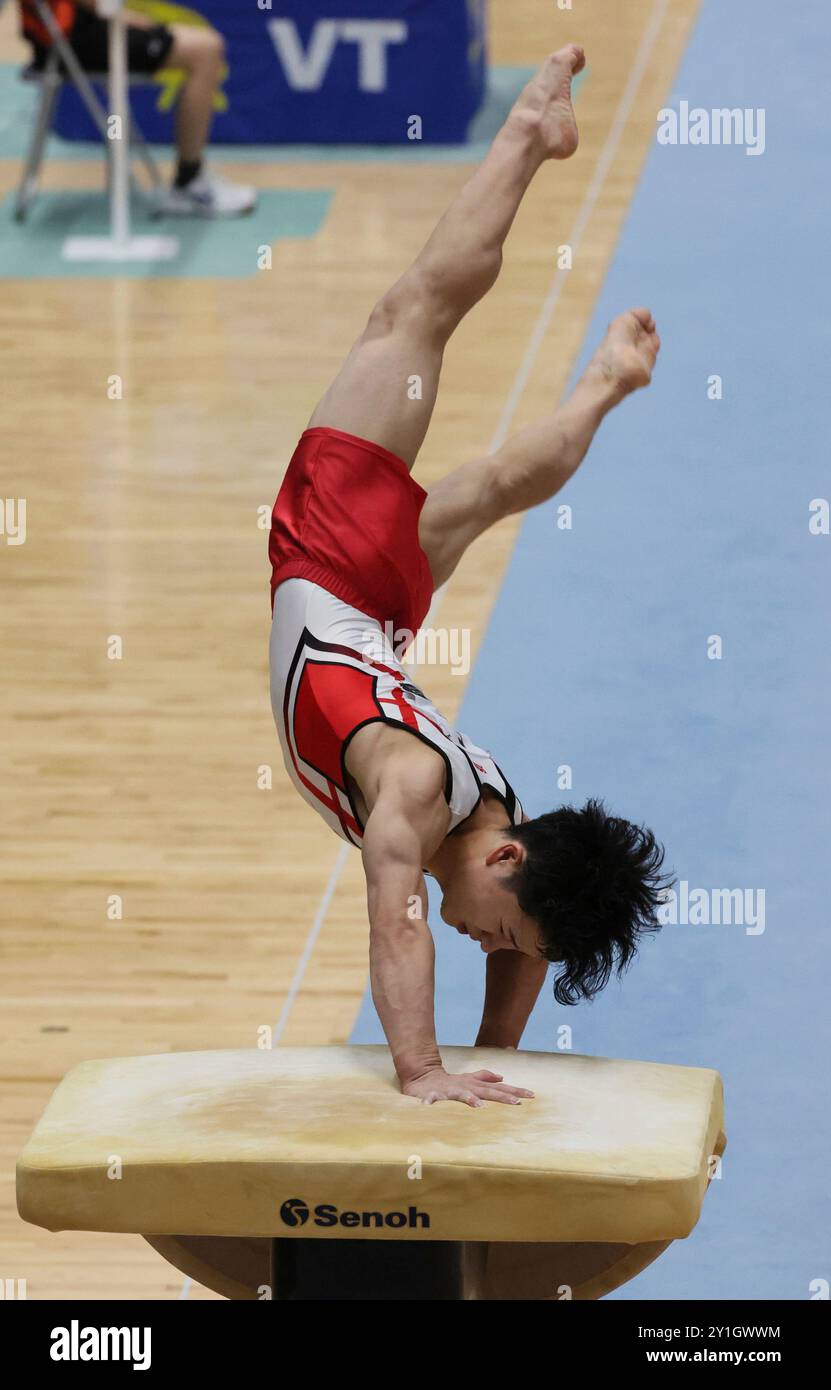The Japanese gymnast Shinnosuke OKA, who won the three gold medals at the Paris Olympics ...