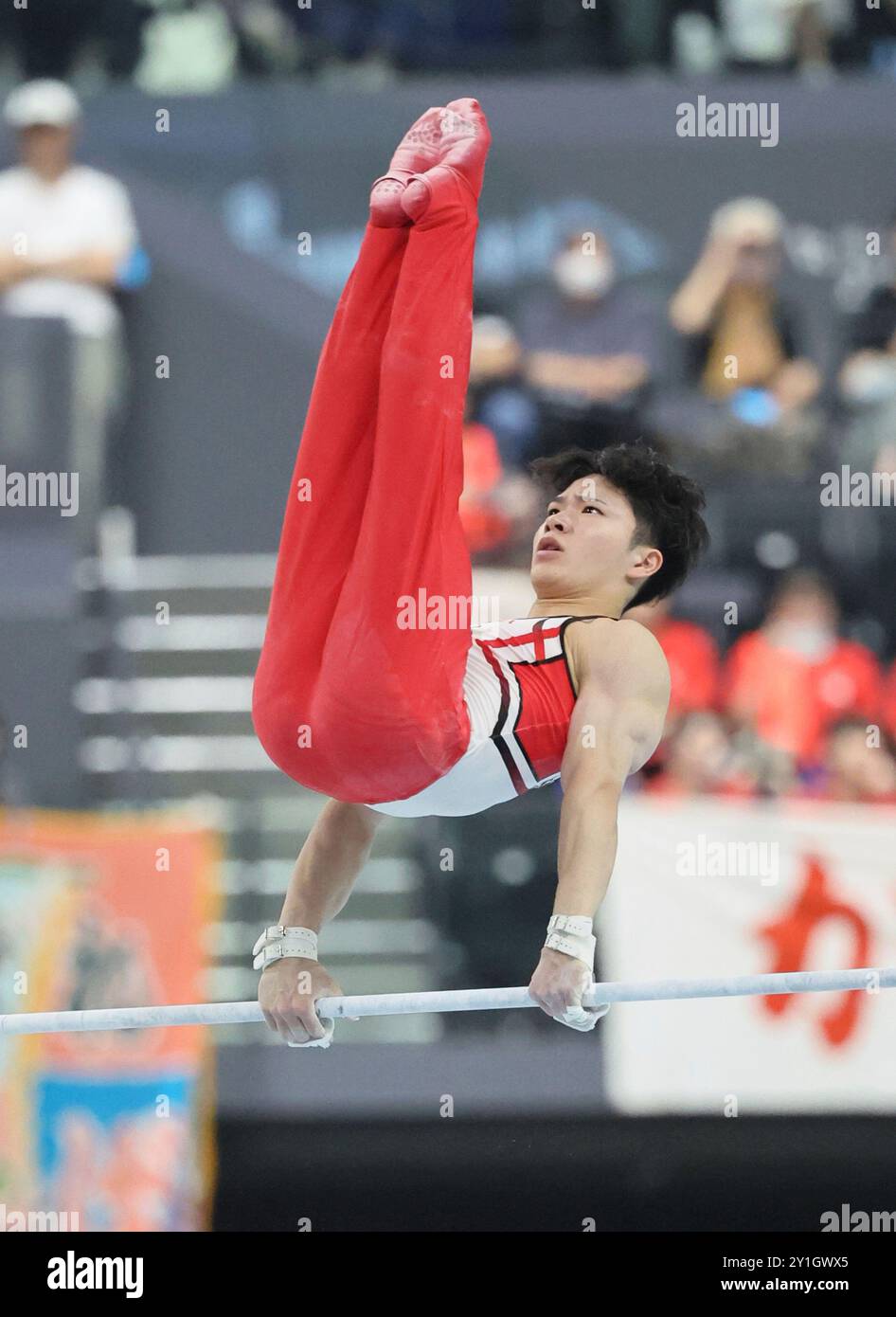 The Japanese gymnast Shinnosuke OKA, who won the three gold medals at the Paris Olympics ...