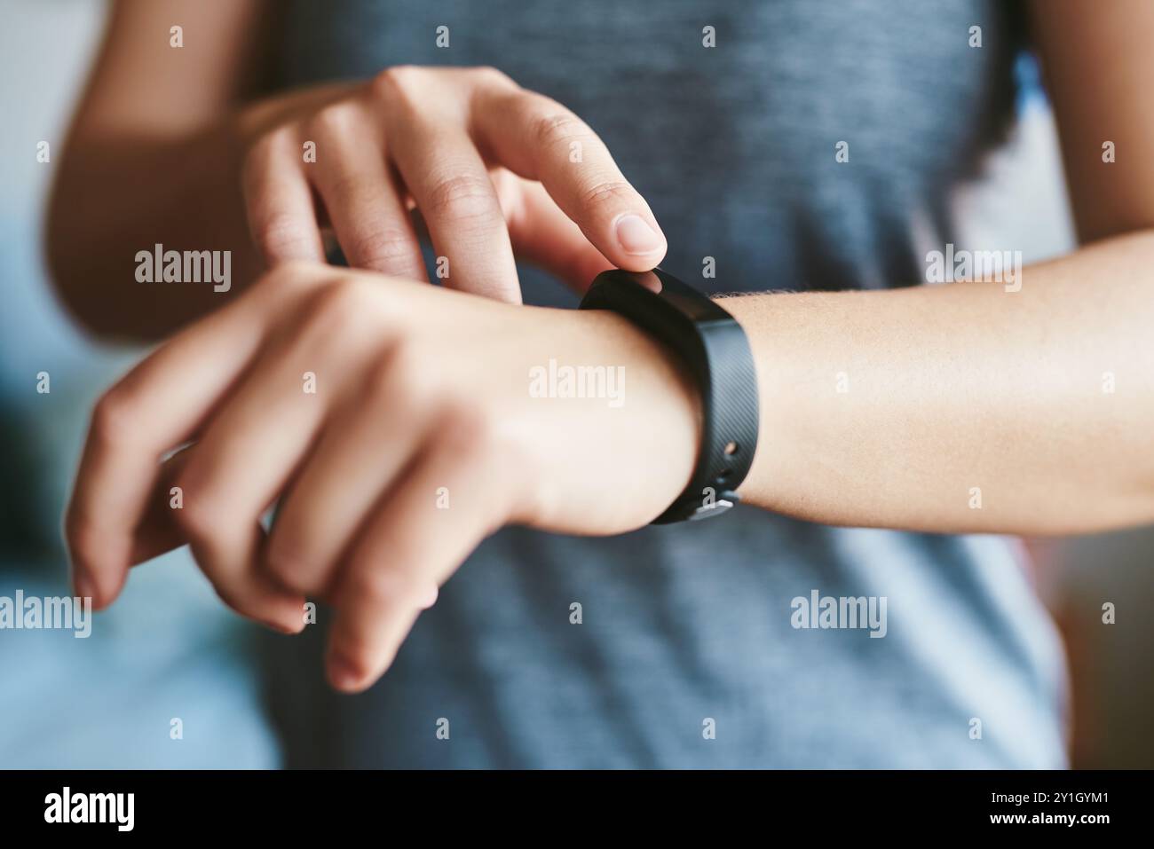 Hands, watch and setting of timer, fitness and tracker for workout ...