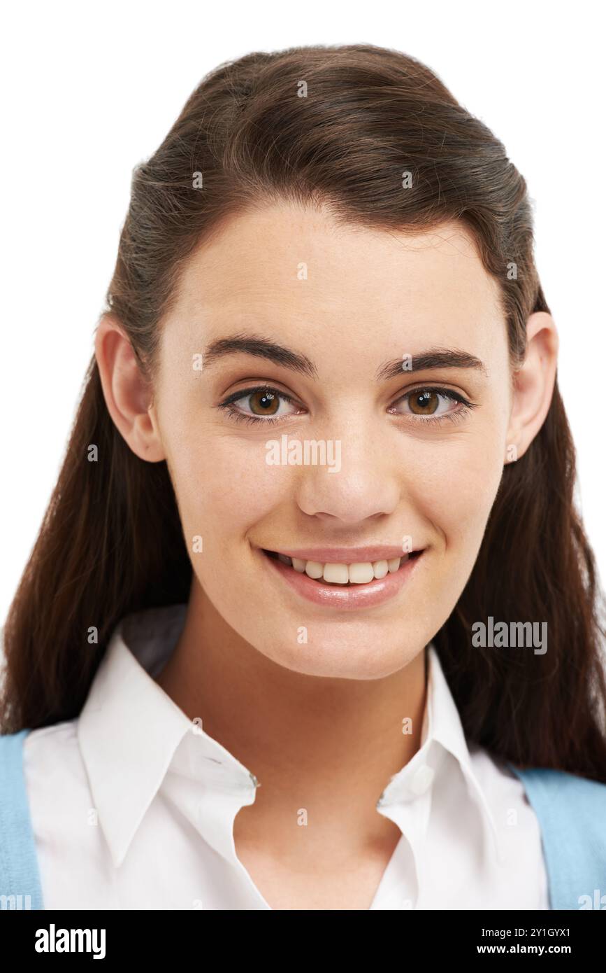 Portrait, student and woman with smile, university and smart girl ...